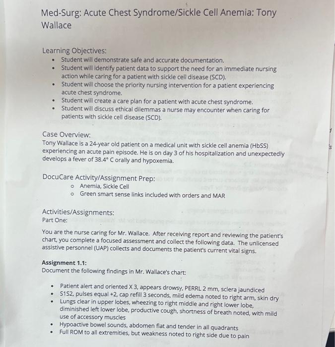 Solved Med-Surg: Acute Chest Syndrome/Sickle Cell Anemia: | Chegg.com