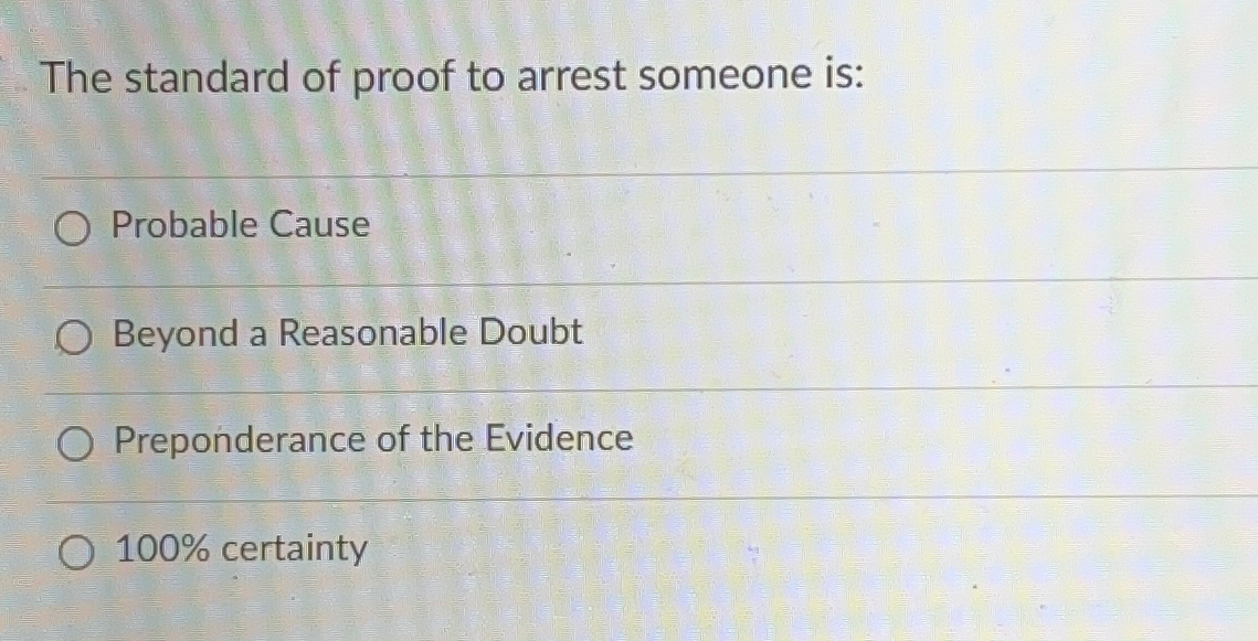 Solved The standard of proof to arrest someone is:Probable | Chegg.com
