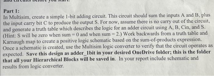 Part 1: In Multisim, create a simple 1-bit adding | Chegg.com