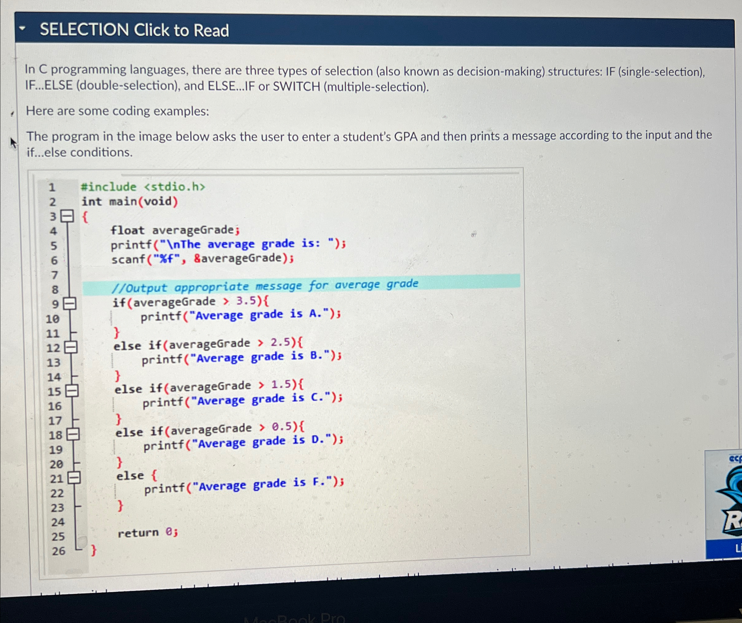Solved SELECTION Click to ReadIn C programming languages, | Chegg.com