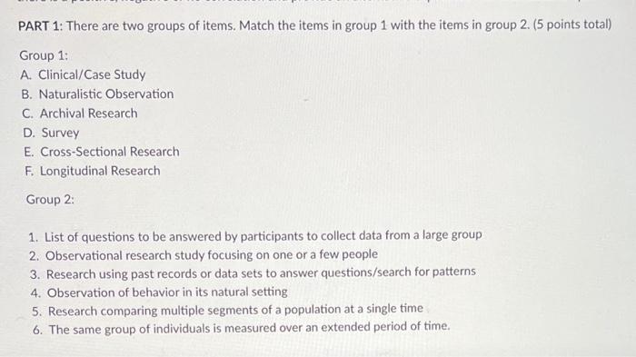 Solved PART 1: There are two groups of items. Match the | Chegg.com