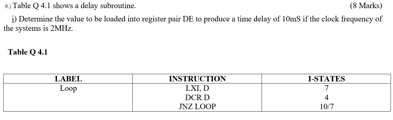 Solved 9.) ﻿Table Q 4.1 ﻿shows a delay subroutine.i) | Chegg.com