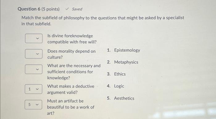 Match the subfield of philosophy to the questions | Chegg.com