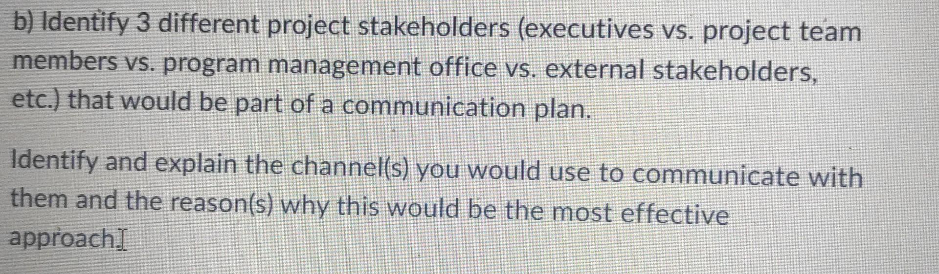Solved b) Identify 3 different project stakeholders | Chegg.com