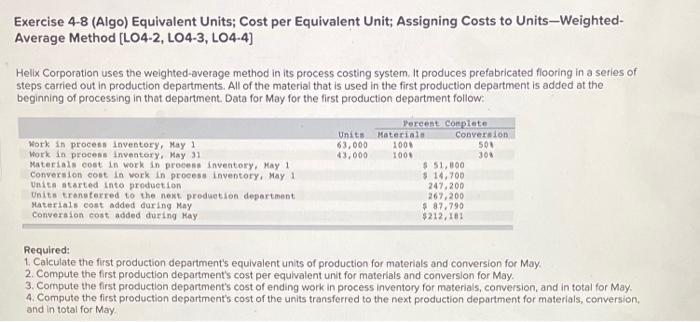 Solved Exercise 4-8 (Algo) Equivalent Units; Cost per | Chegg.com