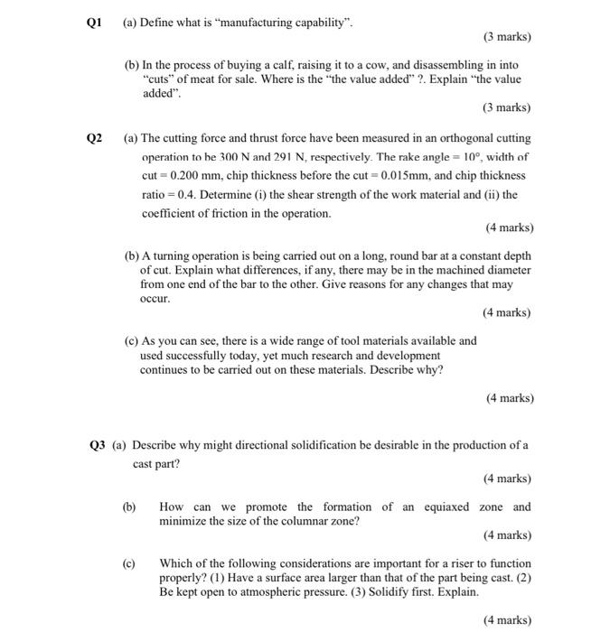Solved Q1 (a) Define what is "manufacturing capability": (3 | Chegg.com