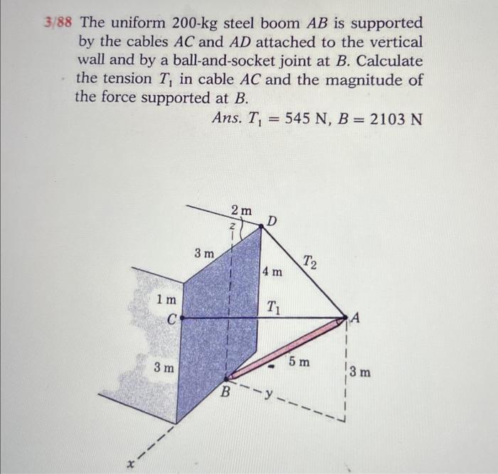 Solved 3/88 The uniform 200−kg steel boom AB is supported by | Chegg.com