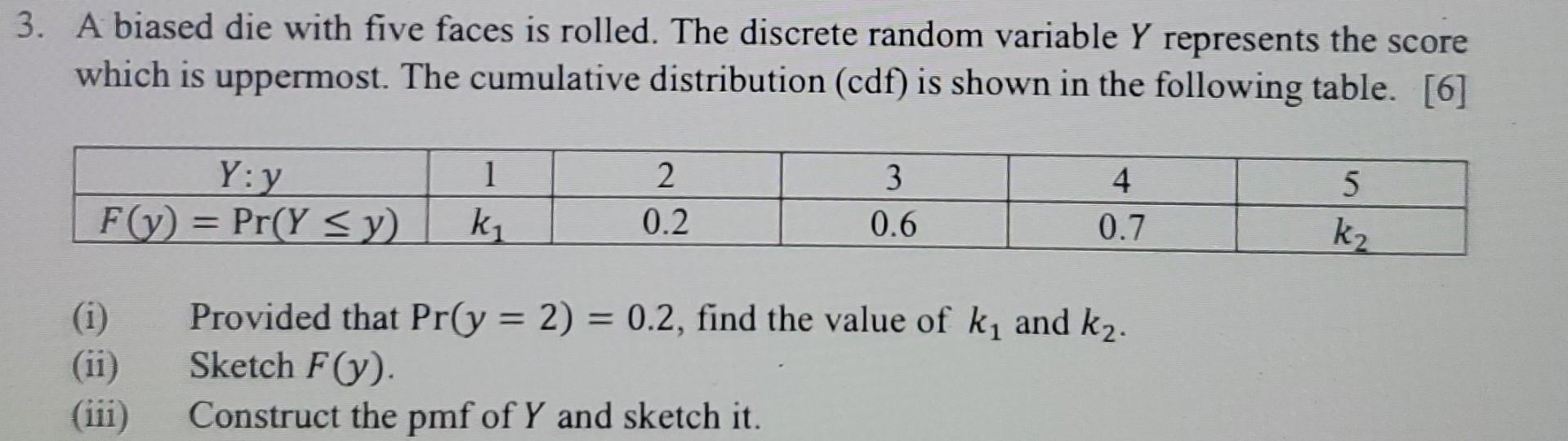 Solved 3. A biased die with five faces is rolled. The | Chegg.com
