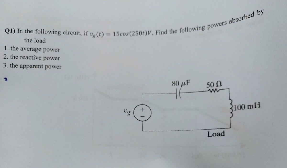 Solved 15cos (2500)V. Find the following powers absorbed by | Chegg.com