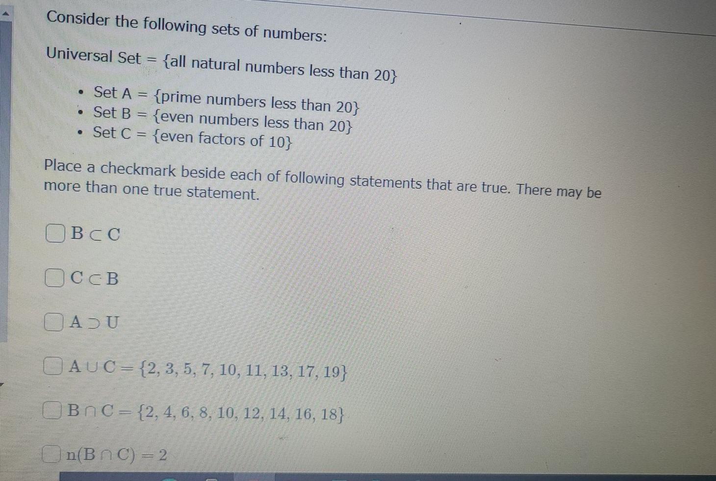 Solved Consider The Following Sets Of Numbers Universal Set Chegg