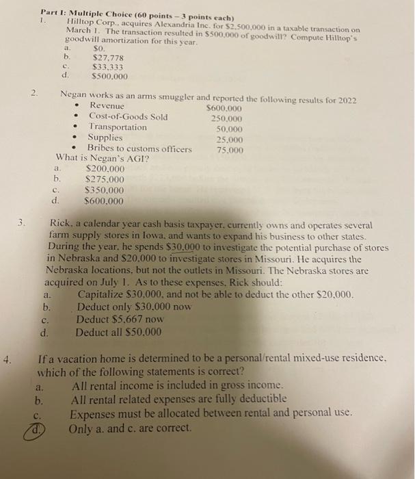 Solved Part I: Multiple Choice ( 60 points −3 points each) | Chegg.com