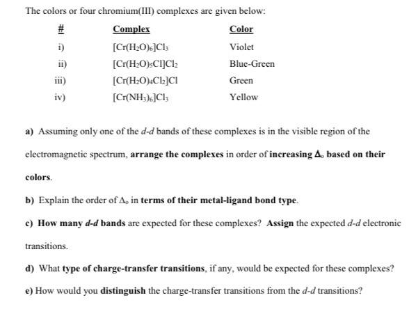 Solved The colors or four chromium(III) complexes are given | Chegg.com
