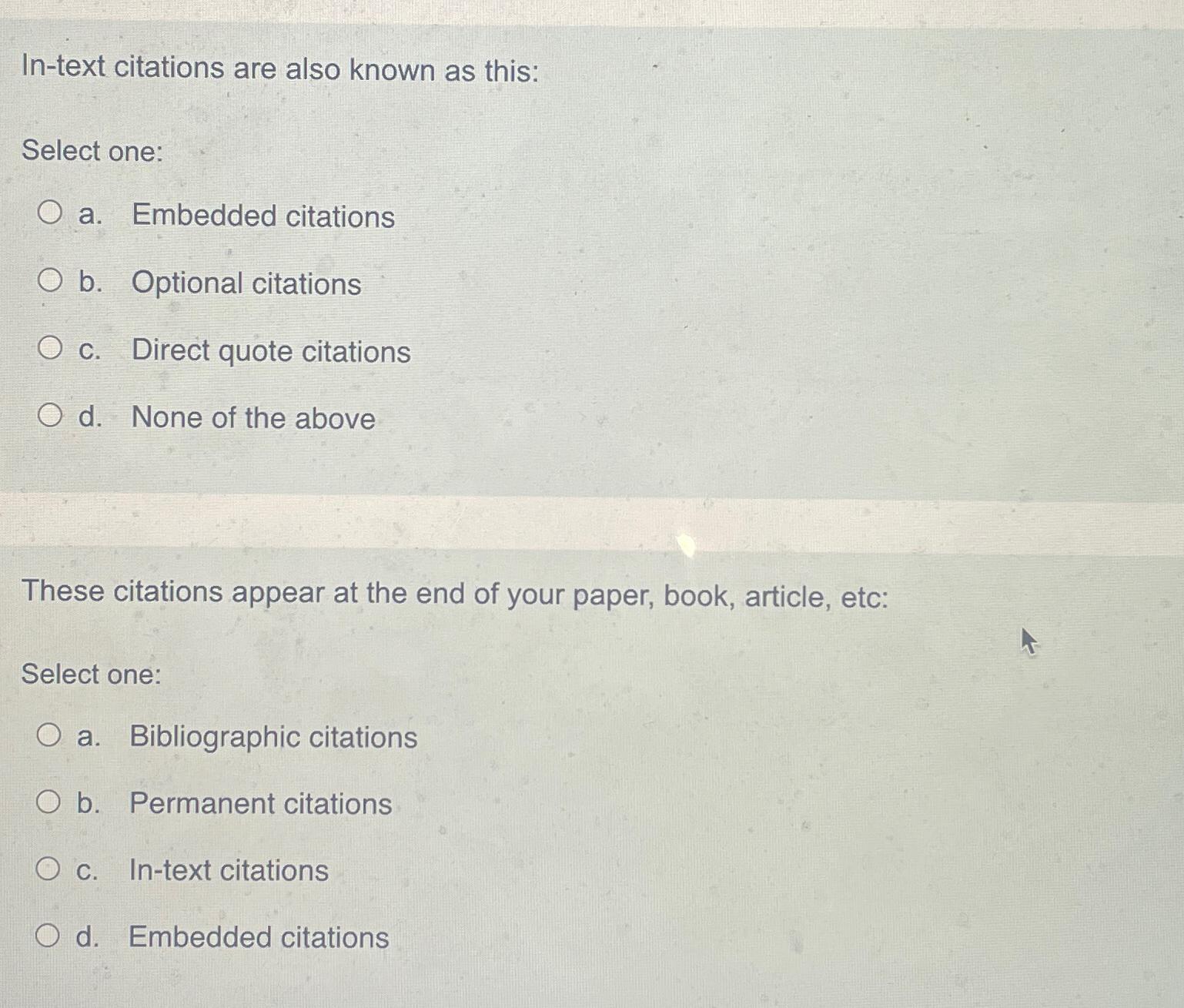 Solved In-text citations are also known as this:Select | Chegg.com