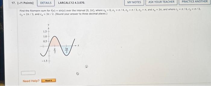 Solved Find the Riemann sum for f(x)=sin(x) over the | Chegg.com