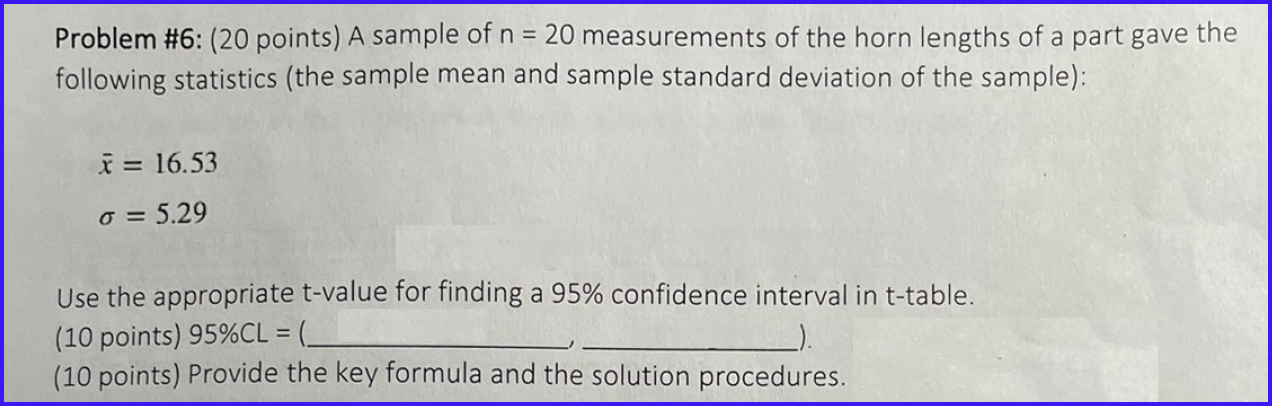 Solved Problem #6: (20 ﻿points) ﻿A sample of n=20 | Chegg.com