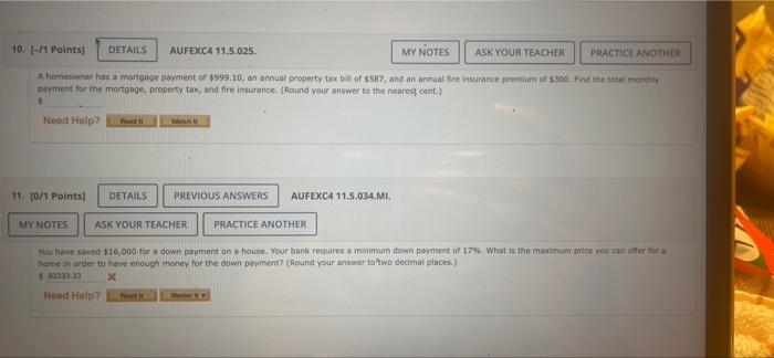 Solved 10. [-11 Points DETAILS AUFEXC4 11.5.025. MY NOTES | Chegg.com