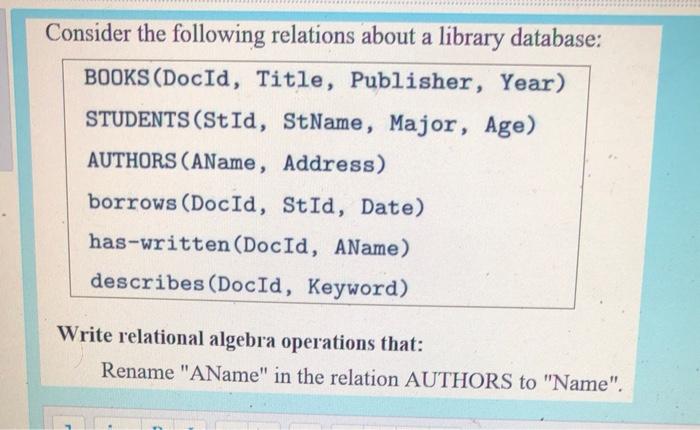 Solved Consider the following relations about a library | Chegg.com