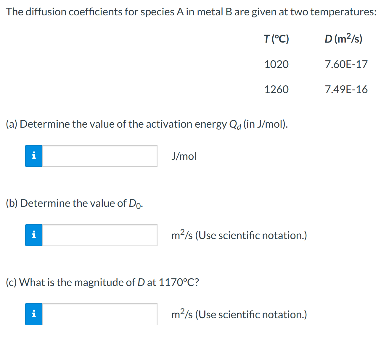 Solved The diffusion coefficients for species A ﻿in metal B | Chegg.com