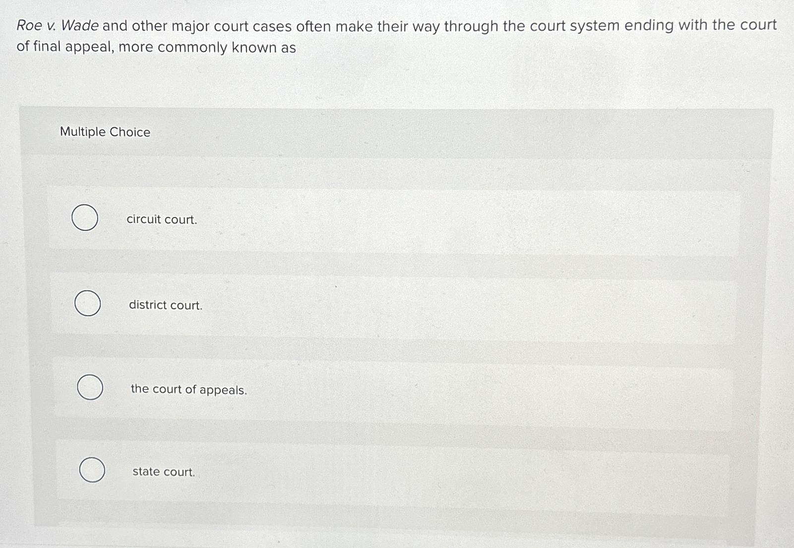 Solved Roe v. ﻿Wade and other major court cases often make | Chegg.com