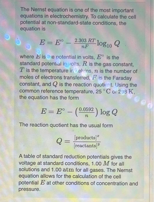 Solved The Nernst equation is one of the most important | Chegg.com