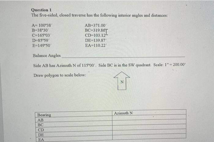Solved Question 1 The five-sided, closed traverse has the | Chegg.com