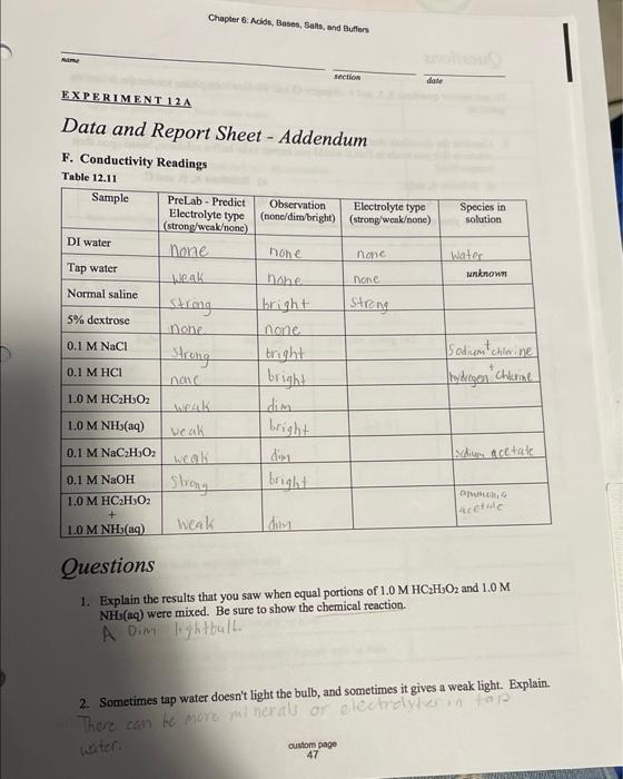 Solved Data and Report Sheet - Addendum F. Conductivity | Chegg.com