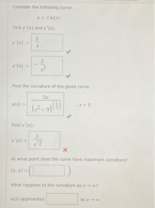 Solved Consider the following curve. y=3ln(x) Find y′(x) and | Chegg.com