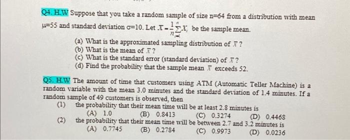 Solved Q4. H.W Suppose that you take a random sample of gize | Chegg.com