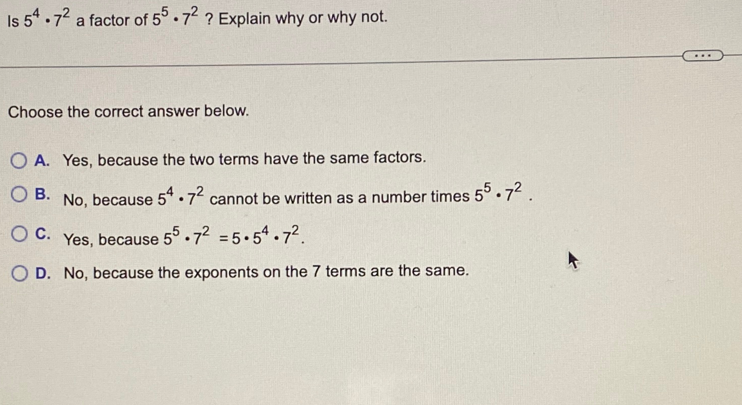 Solved Is 54*72 ﻿a factor of 55*72 ? ﻿Explain why or why | Chegg.com