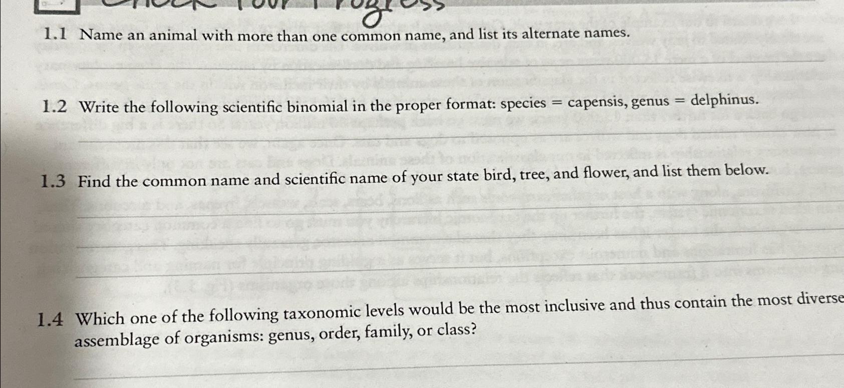 Solved 1.1 ﻿Name an animal with more than one common name, | Chegg.com