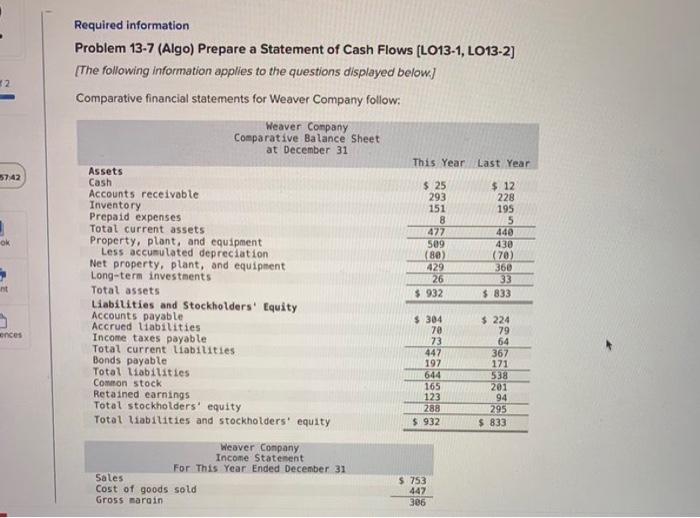 Solved Required information Problem 13-7 (Algo) Prepare a | Chegg.com