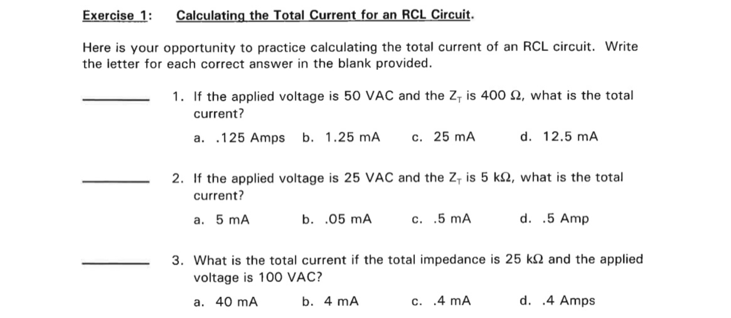 Solved Exercise 1: Calculating the Total Current for an RCL | Chegg.com