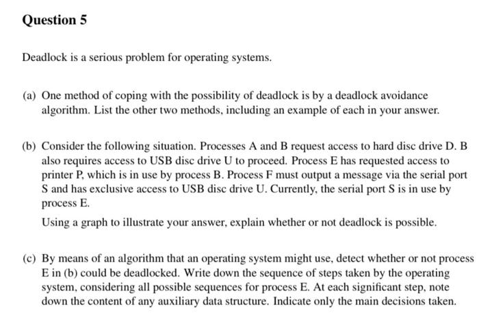 Solved Deadlock is a serious problem for operating systems. | Chegg.com