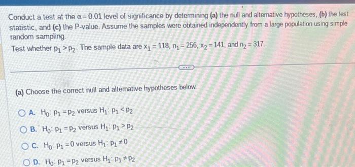 Solved Conduct a test at the α=0.01 level of significance by | Chegg.com