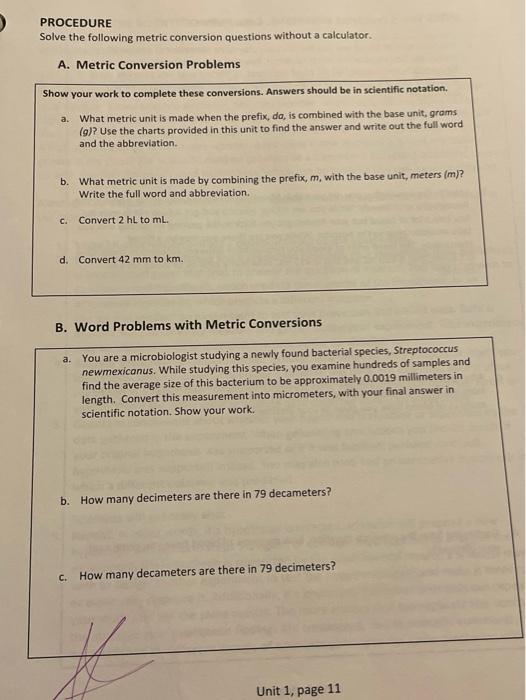 Solved PROCEDURE Solve the following metric conversion | Chegg.com