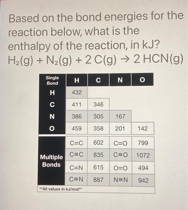 Solved Based on the bond energies for the reaction below, | Chegg.com