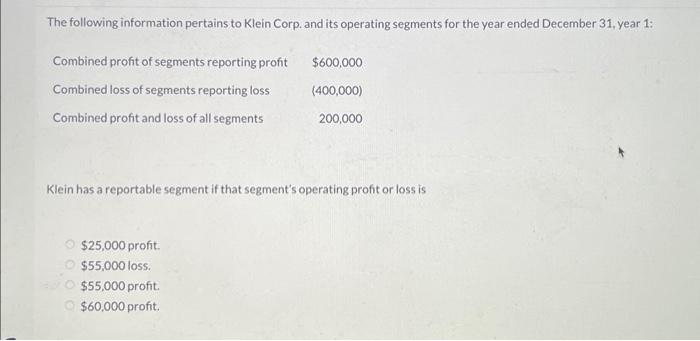 Solved The following information pertains to Klein Corp. and | Chegg.com