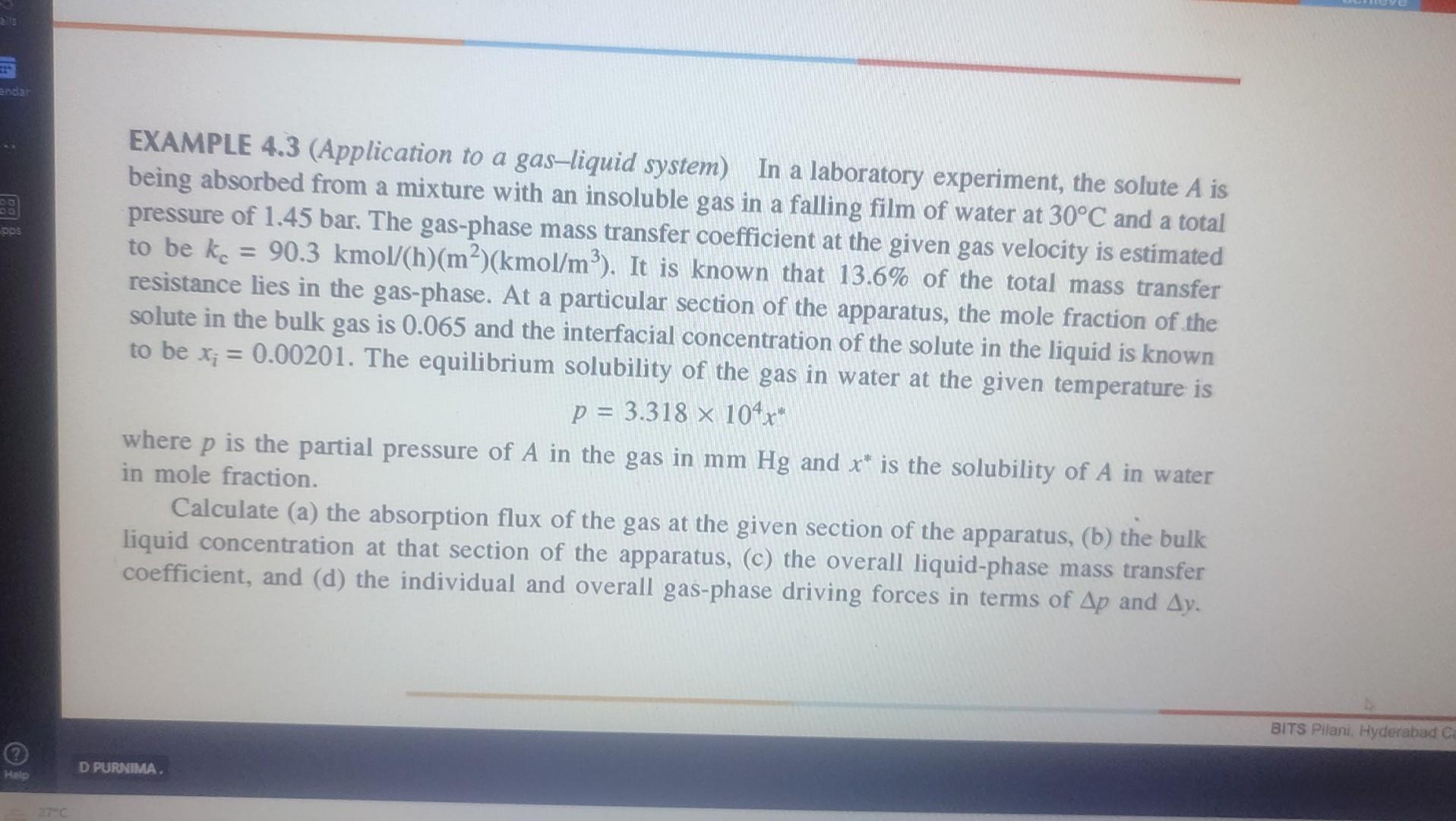 Solved EXAMPLE 4.3 (Application to a gas-liquid system) In a | Chegg.com