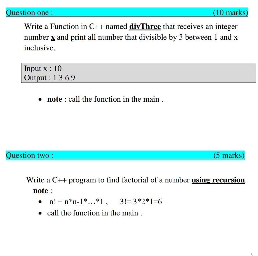 Solved Question one : (10 marks Write a Function in C++ | Chegg.com