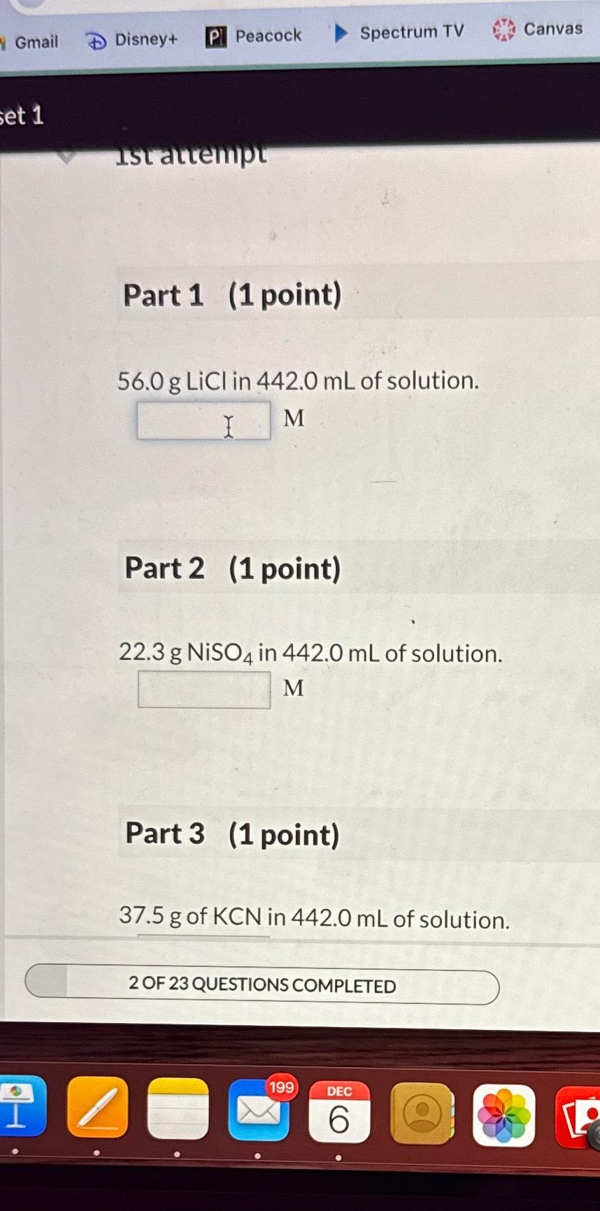 Solved Part 1 (1 ﻿point)56.0gLiCl in 442.0mL ﻿of | Chegg.com