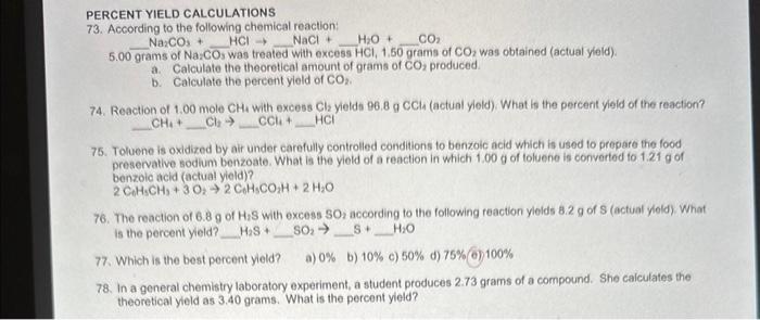 Solved PERCENT YIELD CALCULATIONS 73. According to the | Chegg.com