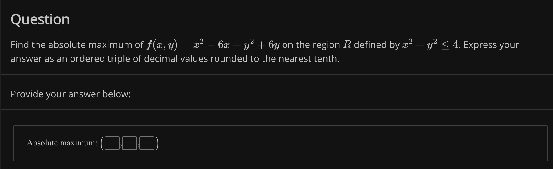 Solved QuestionFind the absolute ﻿maximum | Chegg.com