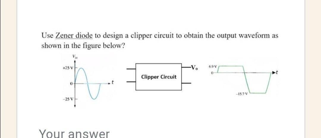 Solved Use Zener diode to design a clipper circuit to obtain | Chegg.com