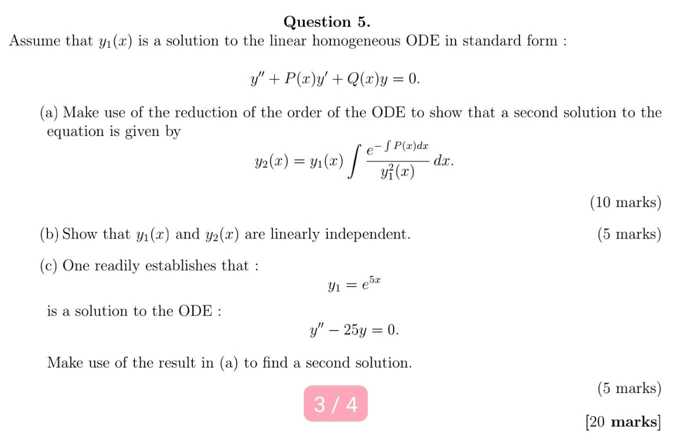 Solved Question 5. Assume that y1(x) is a solution to the | Chegg.com