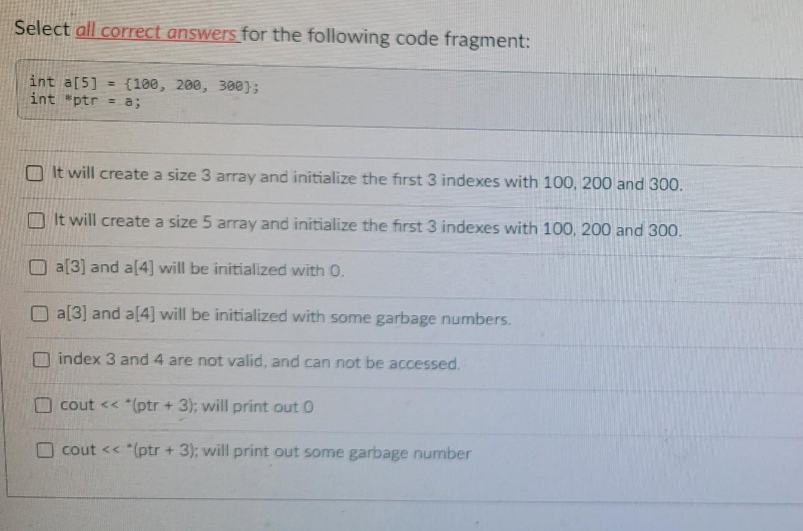 Solved Select all correct answers for the following code | Chegg.com