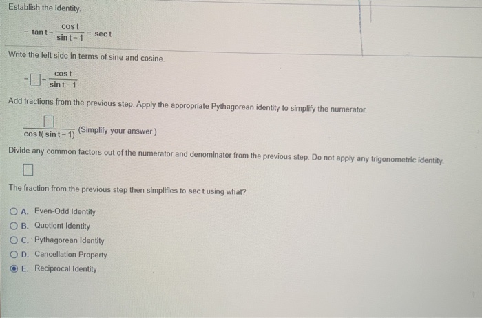 Solved Establish the identity -tant- cost sint - 1 = sect | Chegg.com