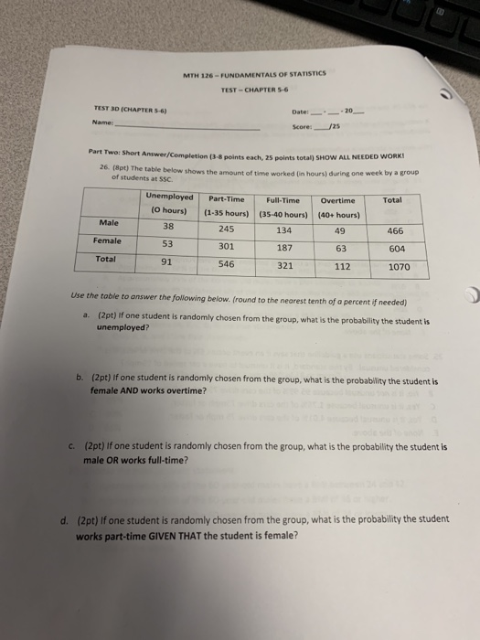 Solved MTH 126 - FUNDAMENTALS OF STATISTICS TEST - CHAPTER | Chegg.com