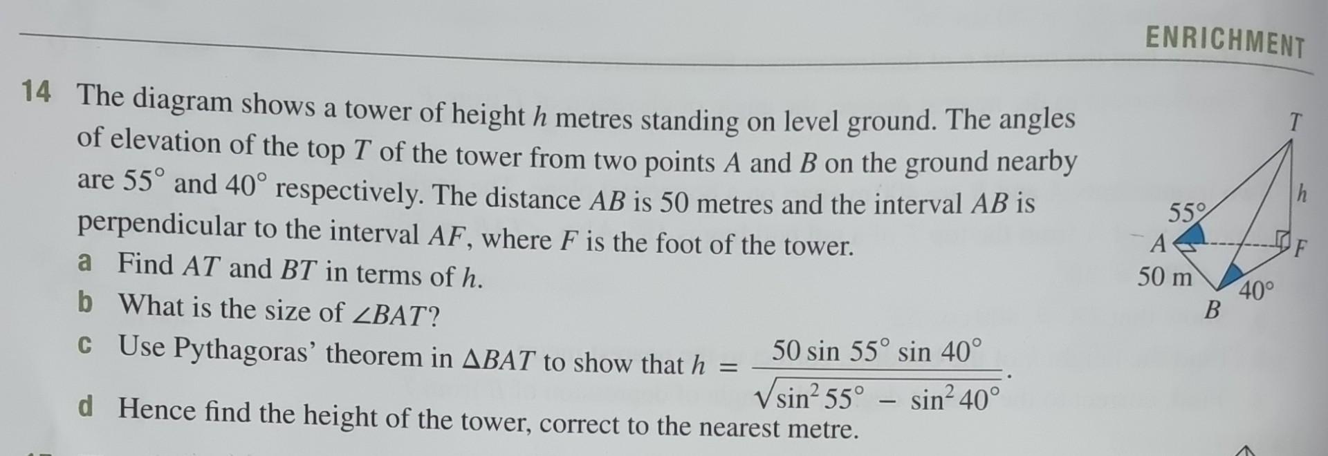 Solved 14 The diagram shows a tower of height h metres | Chegg.com