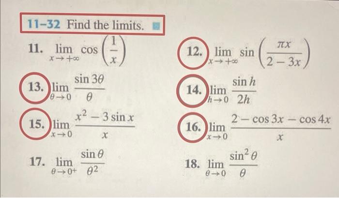Solved 11-32 Find the limits. 11. limx→+∞cos(x1) 12. | Chegg.com