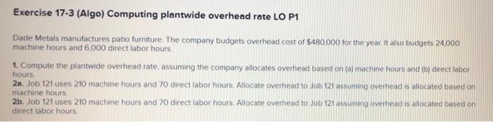 Solved Exercise 17-3 (Algo) Computing plantwide overhead | Chegg.com